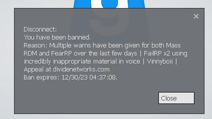 Ban appeal. - Denied - Divide Networks